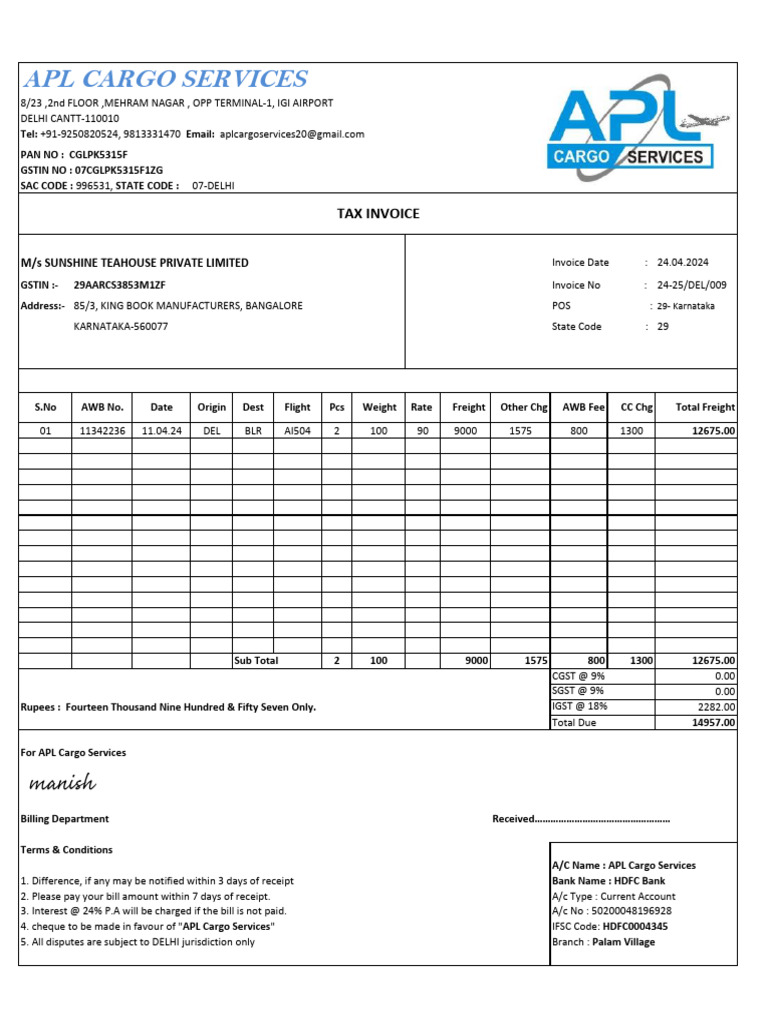 Cargo Invoice for Sunshine Teahouse | PDF | Taxation | Payments