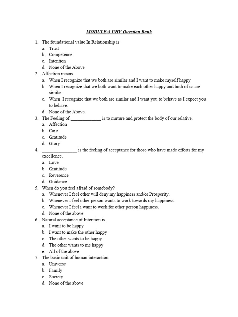 UHV Question On MODULE-3 | PDF | Happiness | Thought