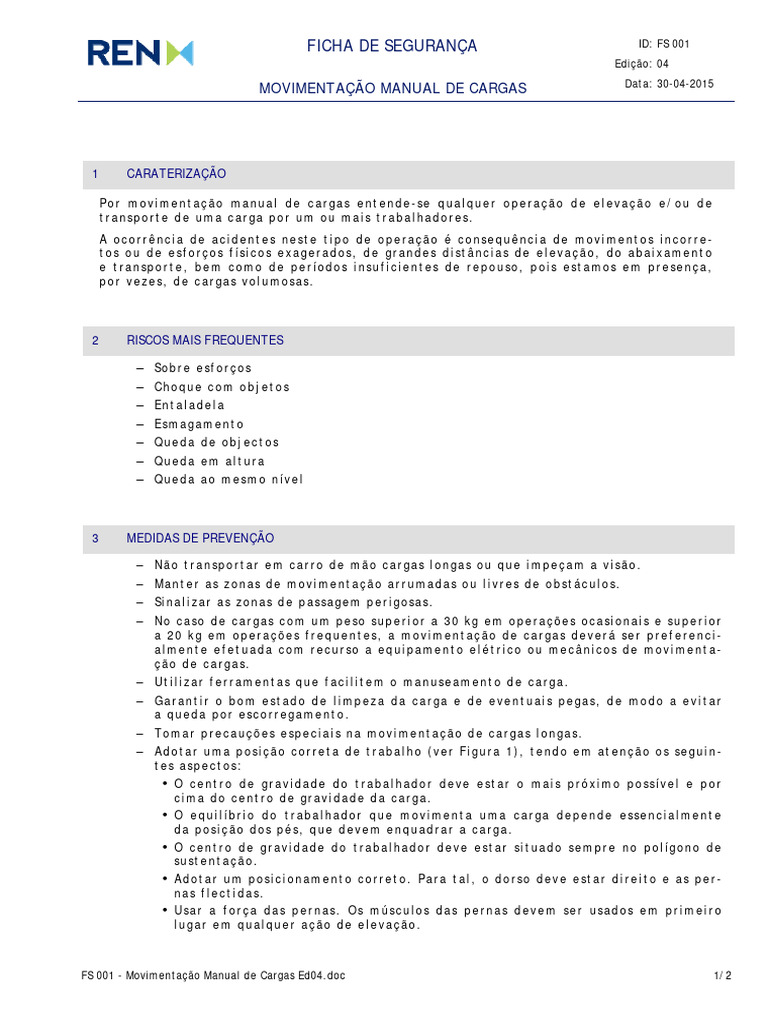 FS 001 - Movimentação Manual de Cargas Ed04 | PDF