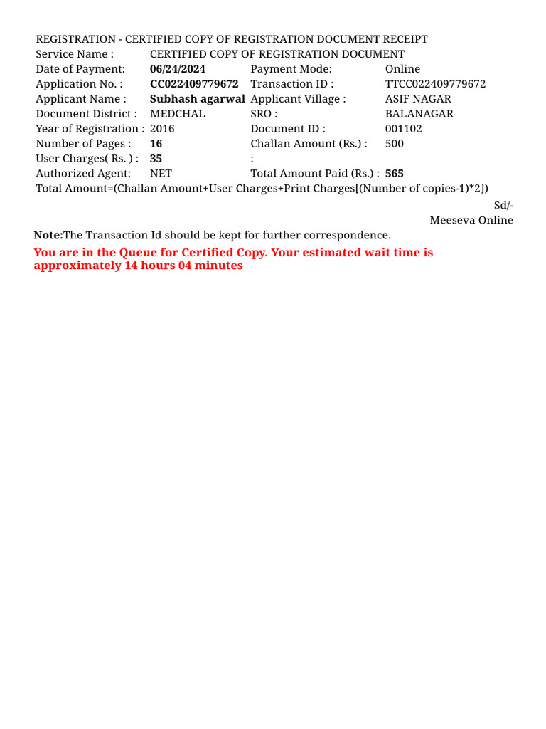 Certified Copy Registration Receipt | PDF