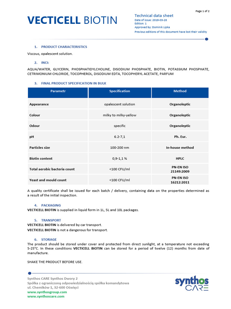 TDS ENG VECTICELL Biotin For Hair | Download Free PDF | Chemical ...