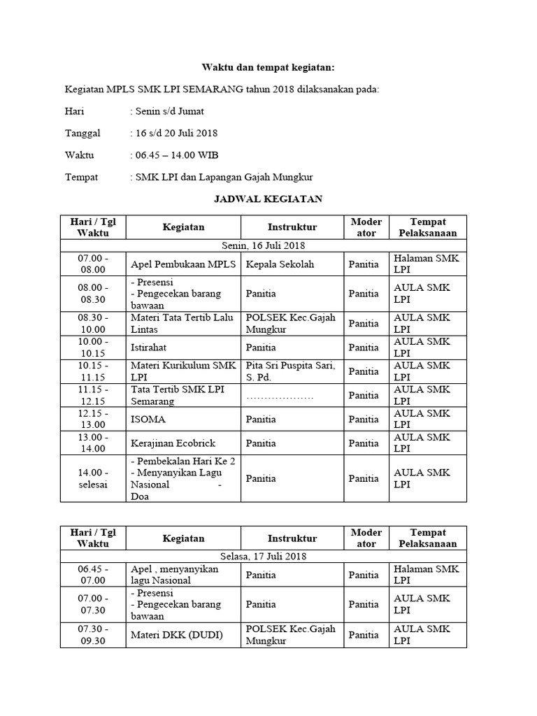 Waktu Dan Tempat Kegiatan | PDF