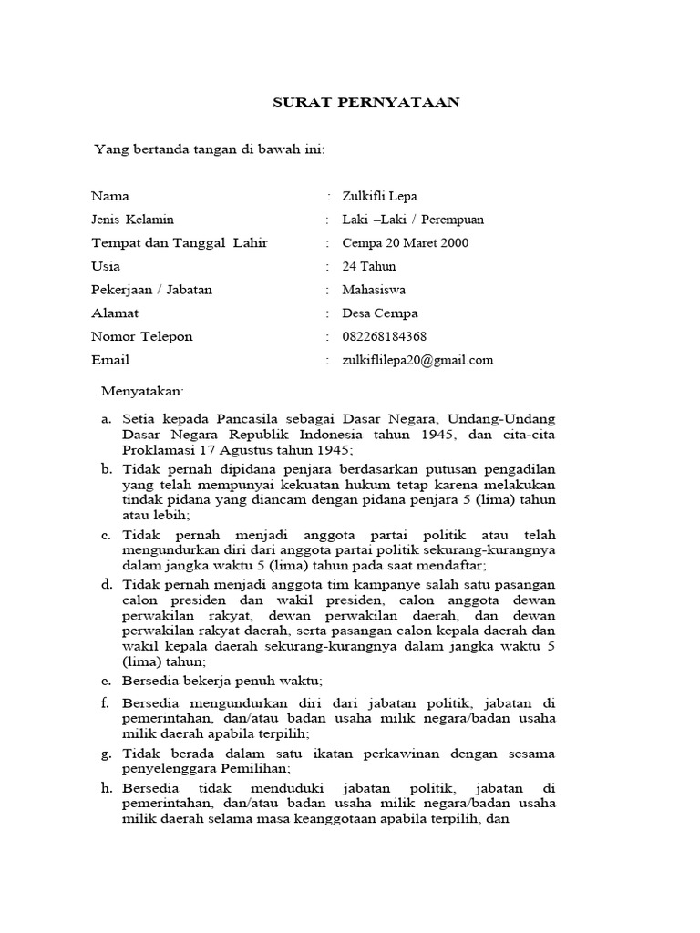 Surat Lamaran, Surat Pernyataan, Dan Daftar Riwayat Hidup Calon Anggota ... Surat Lamaran, Surat Pernyataan, Dan Daftar Riwayat Hidup Calon Anggota ...