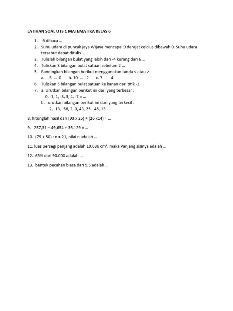 Latihan Soal Uts 1 Matematika Kelas 6 | PDF | Olahraga & Rekreasi | Metode & Bahan Ajar