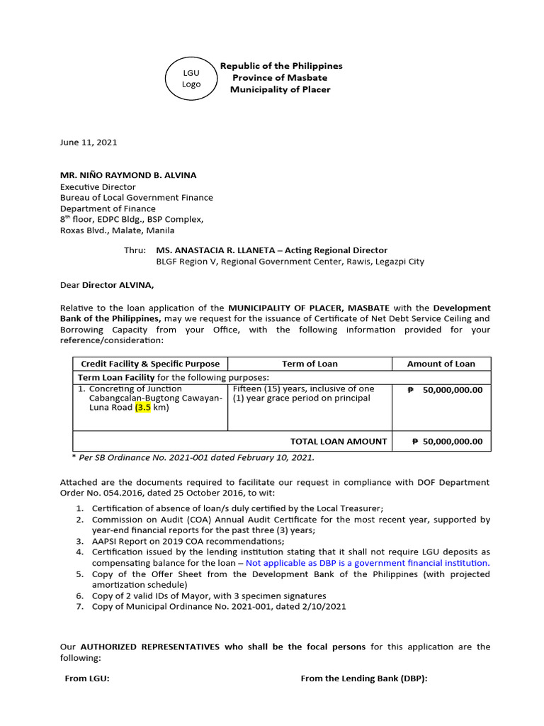 LGU Template 1 - Application Letter To BLGF | PDF | Loans | Economies