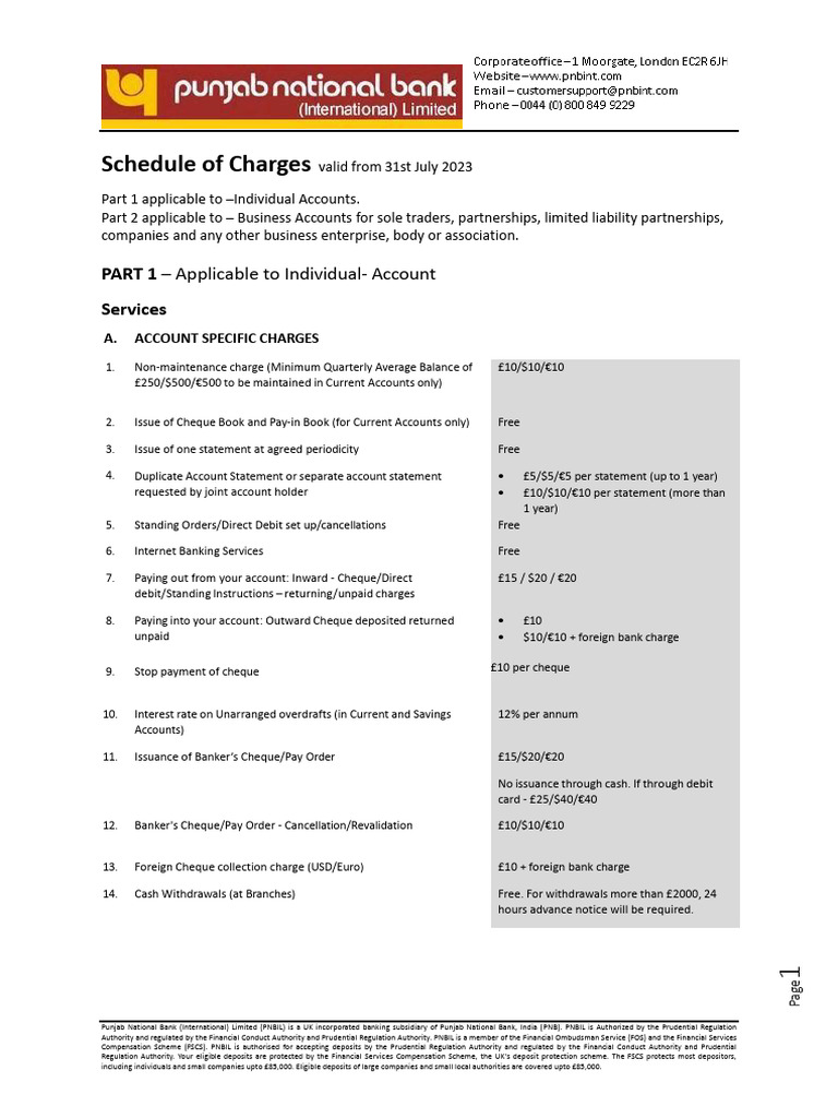 Schedule of Charges Valid From 31 July 2023 | PDF | Transaction Account ...