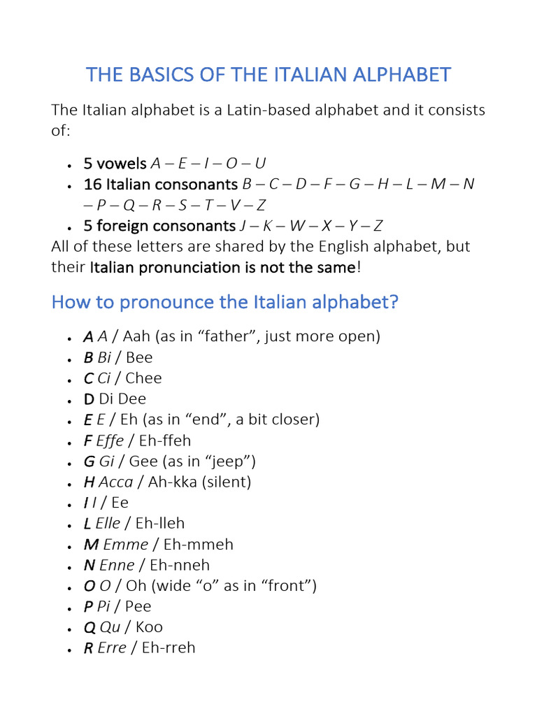 Italian Alphabet & Pronunciation Guide | PDF | Alphabet | Consonant