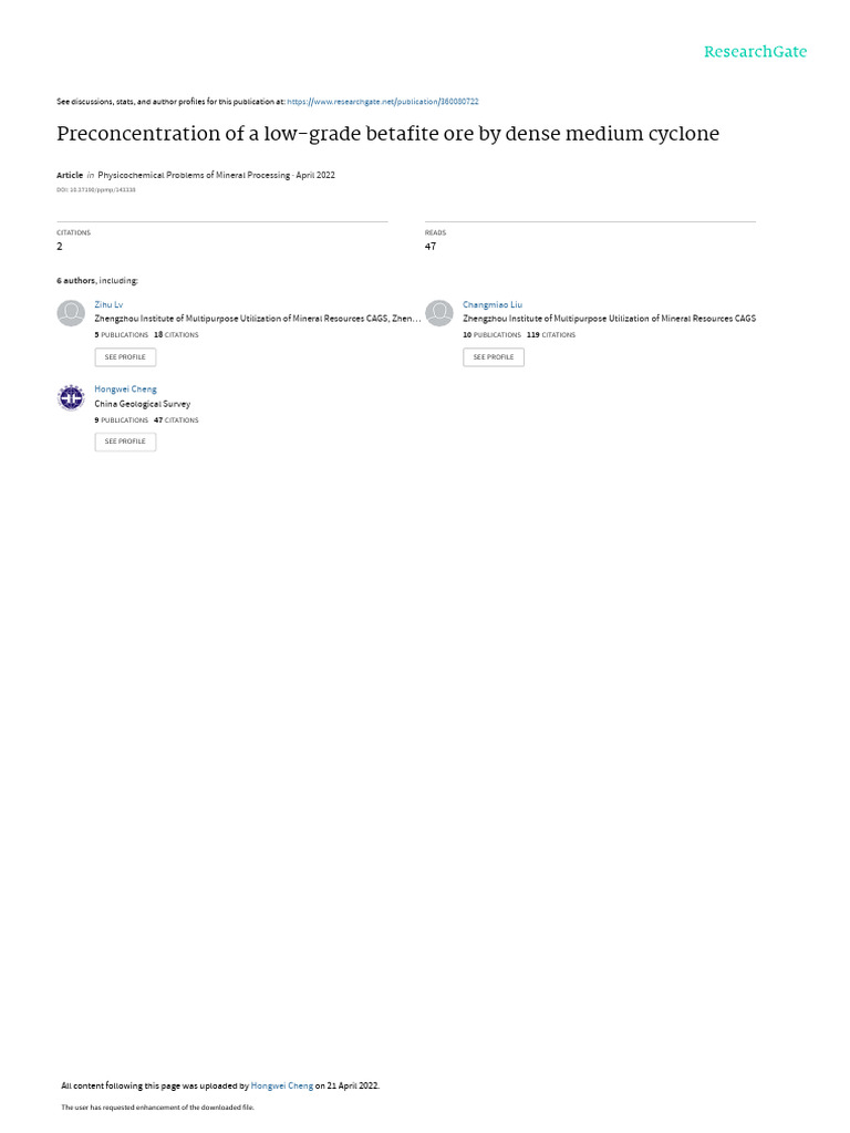 Preconcentration of A Low-Grade Betafite Ore by Dense Medium Cyclone ...