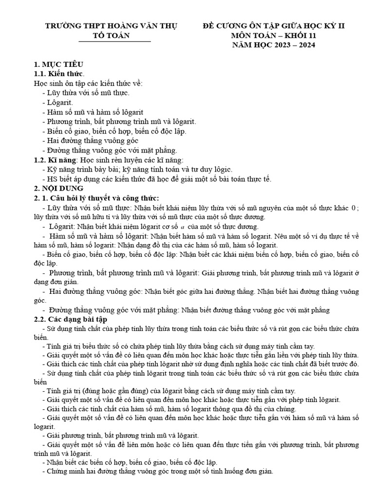 De Cuong Giua Ky 2 Toan 11 Nam 2023 2024 Truong THPT Hoang Van Thu Ha Noi | PDF