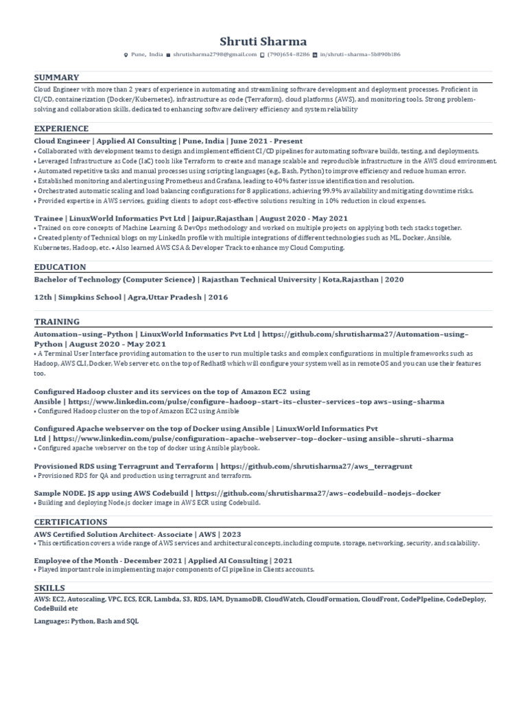 Cloud Engineer Resume: Shruti Sharma | PDF | Amazon Web Services | Cloud Computing