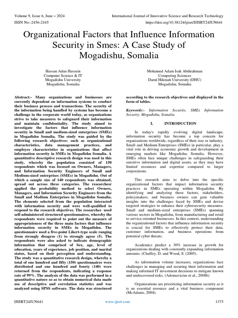 Organizational Factors that Influence Information Security in Smes: A Case Study of Mogadishu ...