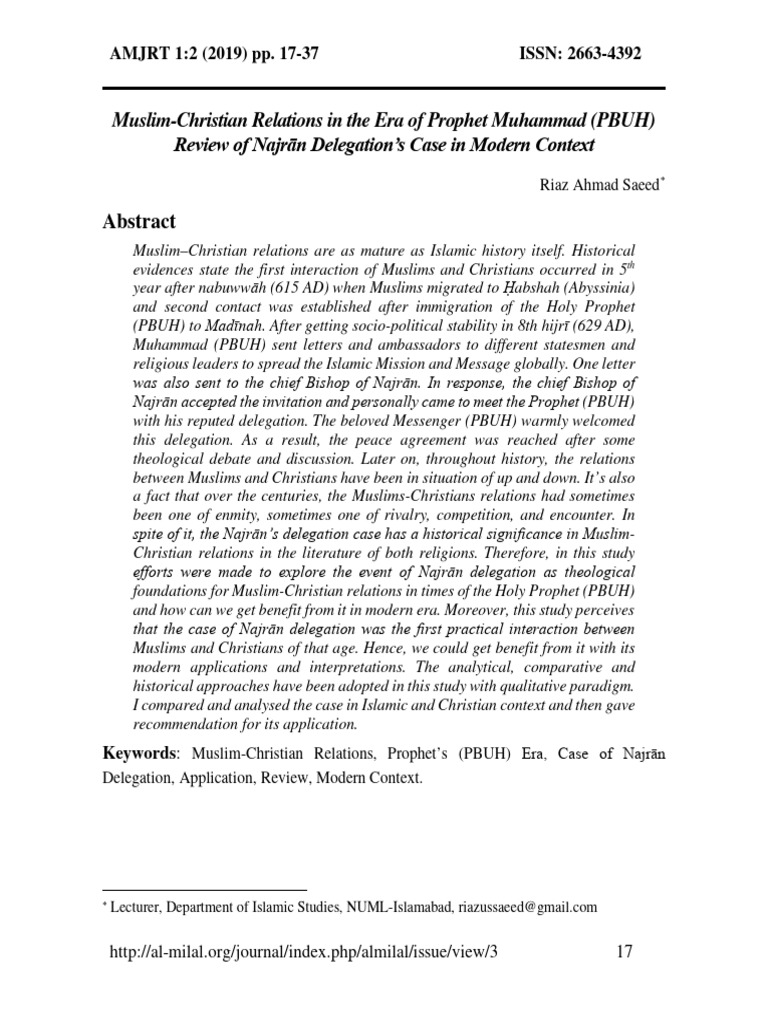 Muslim-Christian Relations in The Era of Prophet Muhammad (PBUH) Review of Najrān Delegation's ...