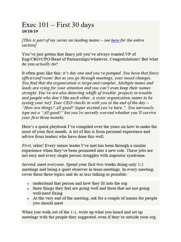 Exec 101 - First 30 Days | PDF