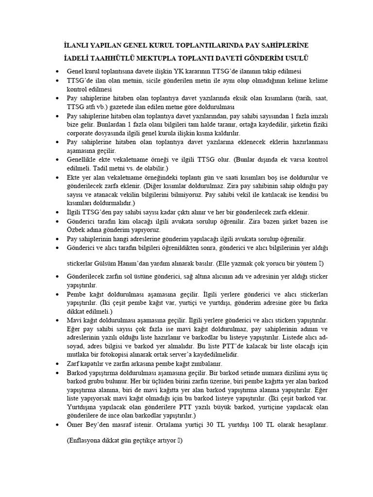 Genel Kurul Toplantıları-İadeli Tahhütlü Mektup Gönderim Usulü | PDF