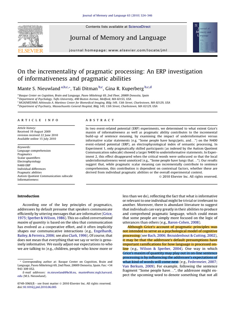 On The Incrementality of Pragmatic Processing - An ERP Investigation of Informativeness and ...