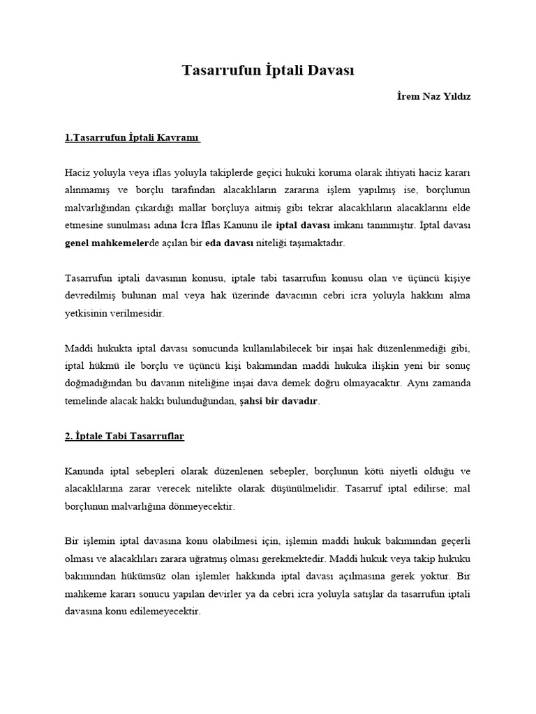 Tasarrufun İptali Davası - İrem Naz Yıldız | PDF