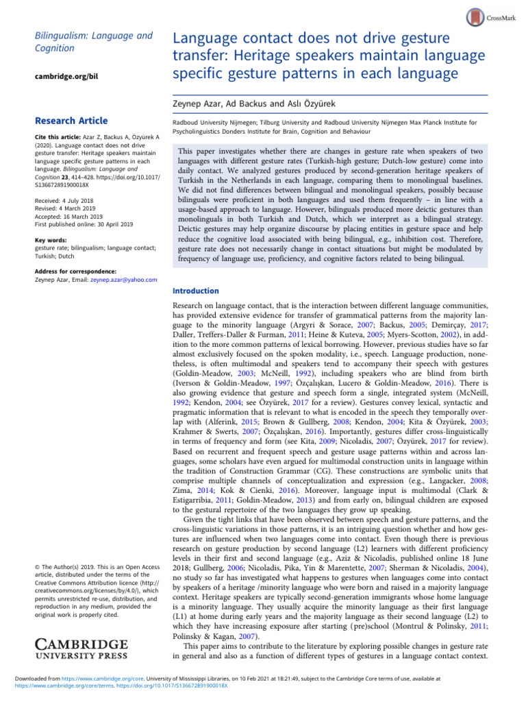 Recent Language Contact Does Not Drive Gesture Transfer | PDF | Gesture ...