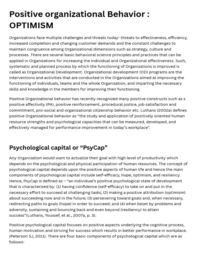 Positive Organizational Behavior OPTIMISM | PDF | Optimism | Self Efficacy