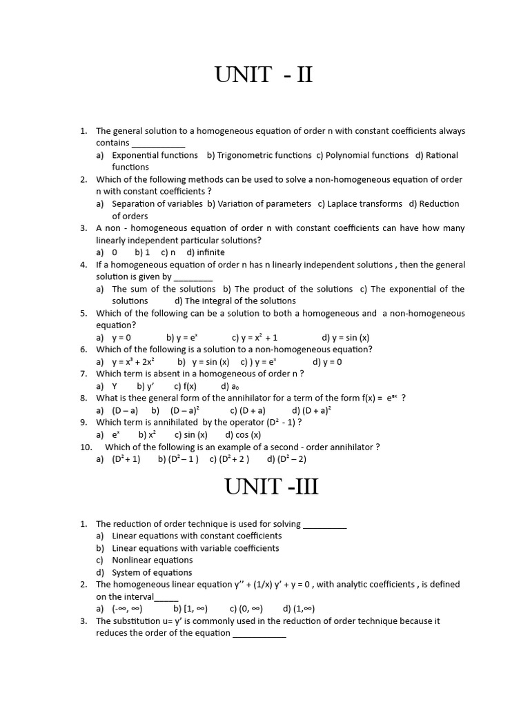 Ode MCQ Unit 2 | PDF | Equations | System Of Linear Equations