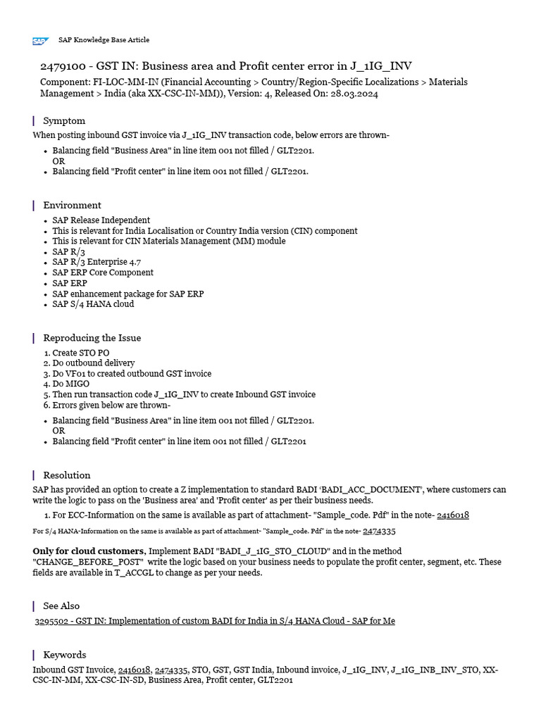 SAP Note 2479100 | PDF | Invoice | Information Technology SAP Note 2479100 | PDF | Invoice | Information Technology
