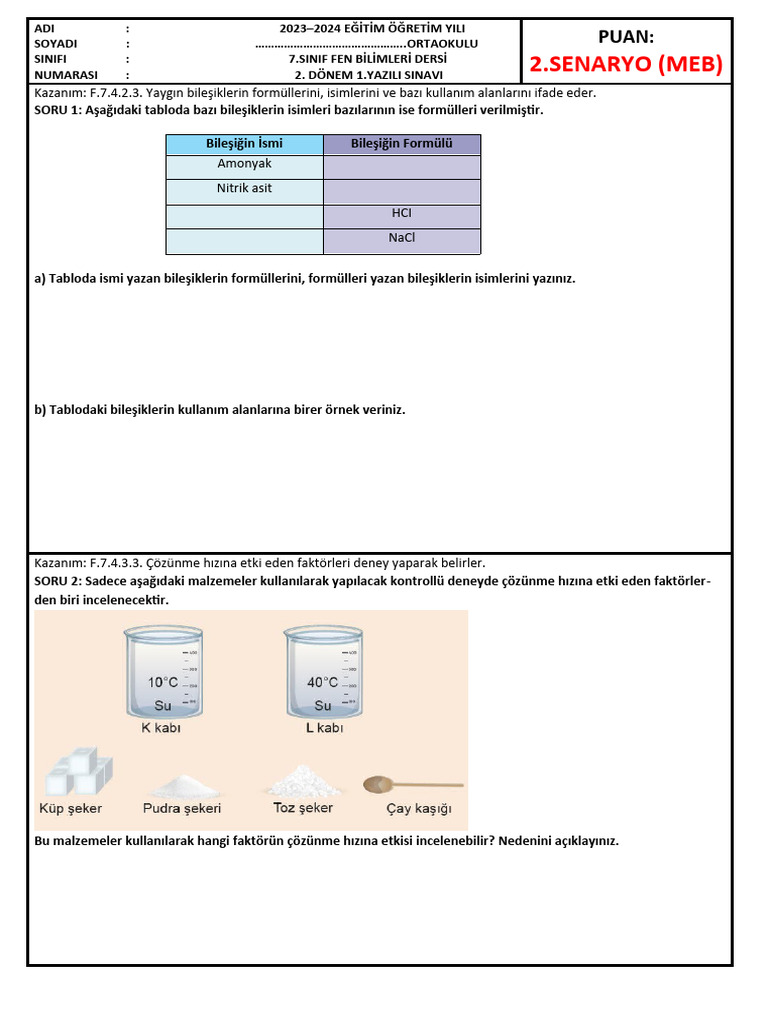 7 Sinif Fen Bil 2 Donem 1 Yazili 7 | PDF