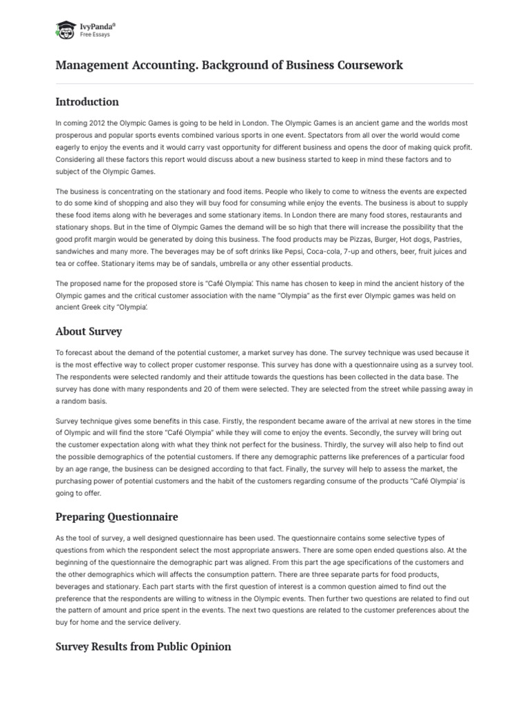 Management Accounting. Background of Business - 4189 Words - Coursework ...