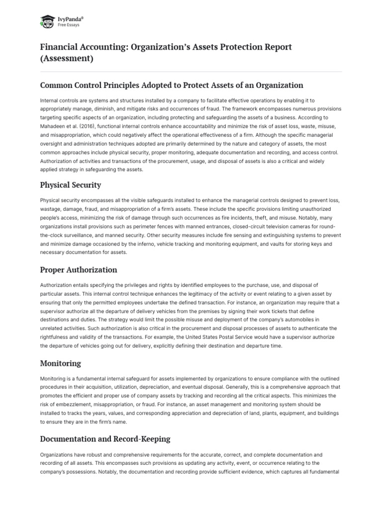 Financial Accounting - Organization's Assets Protection - 1790 Words ...