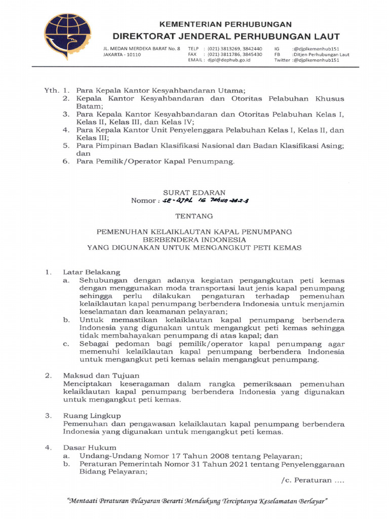 Surat Edaran Direktur Jenderal Perhubungan Laut Nomor. SE-DJPL 16 Tahun 2023 Tentang Pemenuhan ...
