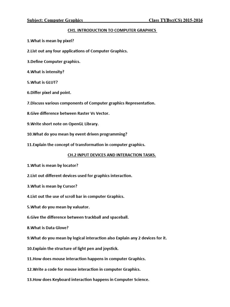 TYB - Sc. (Computer Science) Computer Graphics Question Bank | PDF | Computer Graphics ...