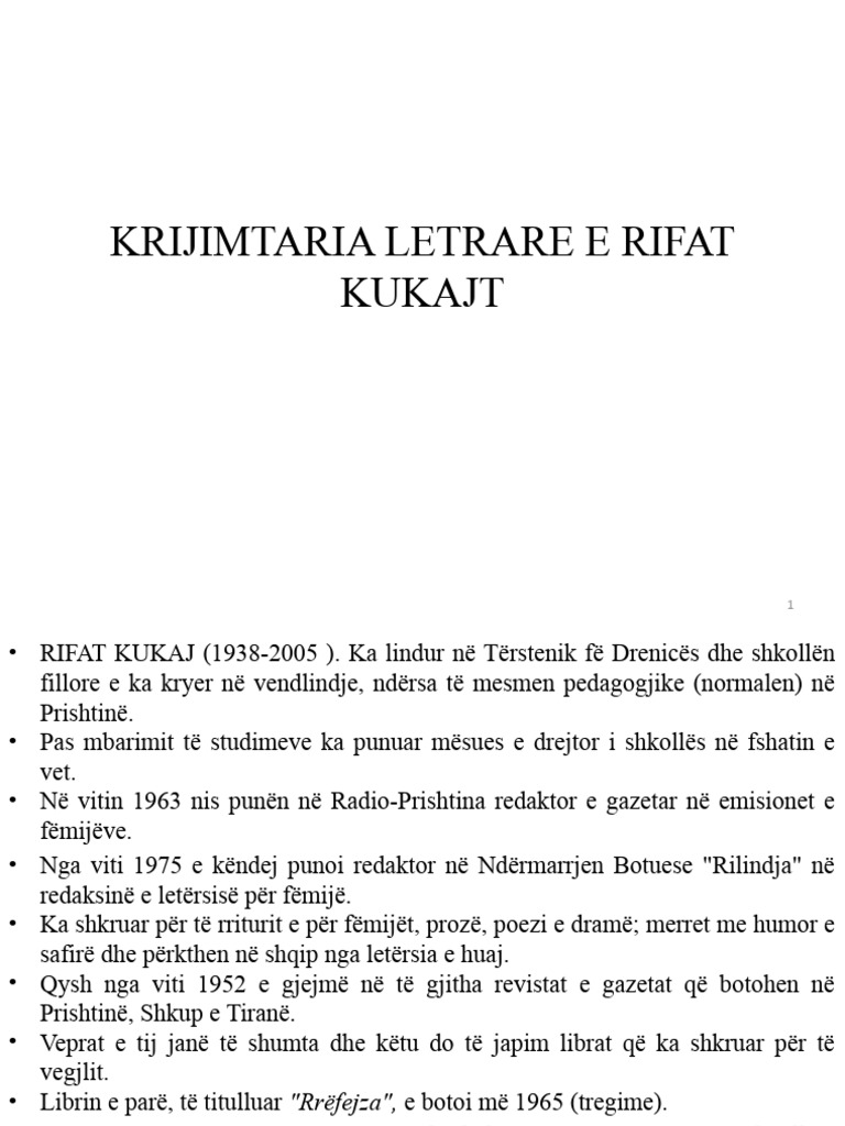 Krijimtaria Letrare E Rifat Kukajt | PDF