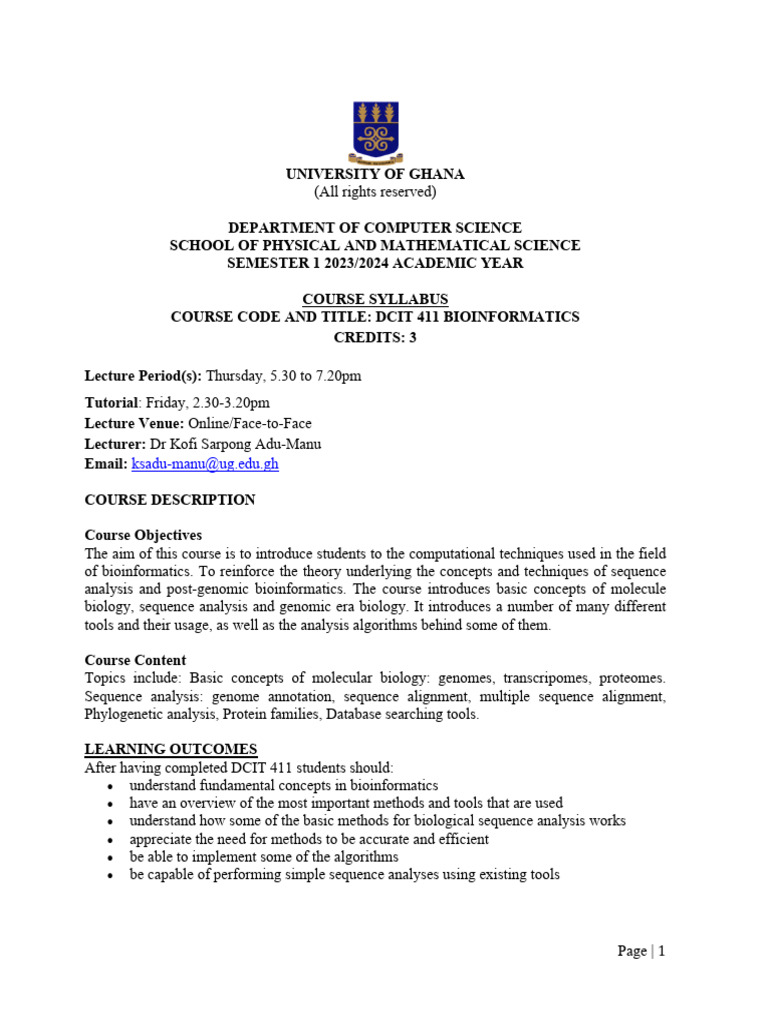 DCIT411 - BioInfo - COURSE DESCRIPTION | PDF | Bioinformatics | Sequence Alignment