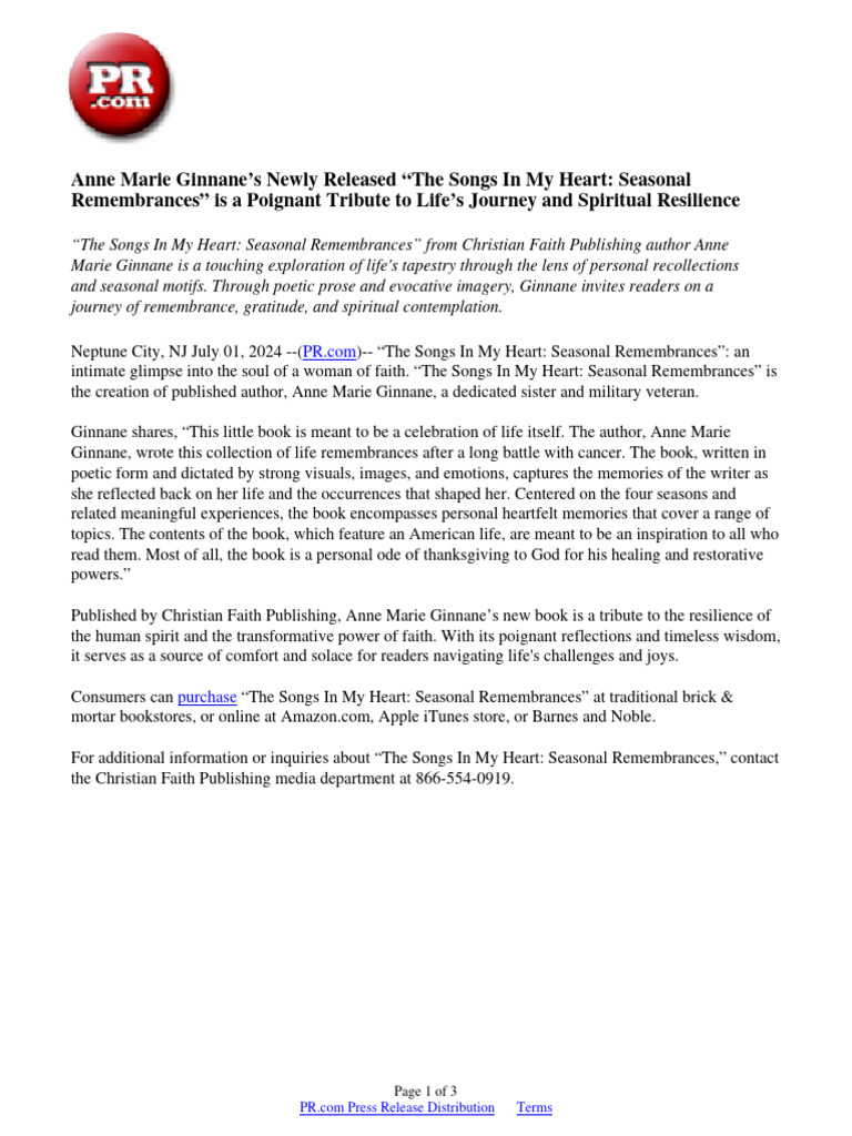 Anne Marie Ginnane's Newly Released "The Songs in My Heart: Seasonal ...