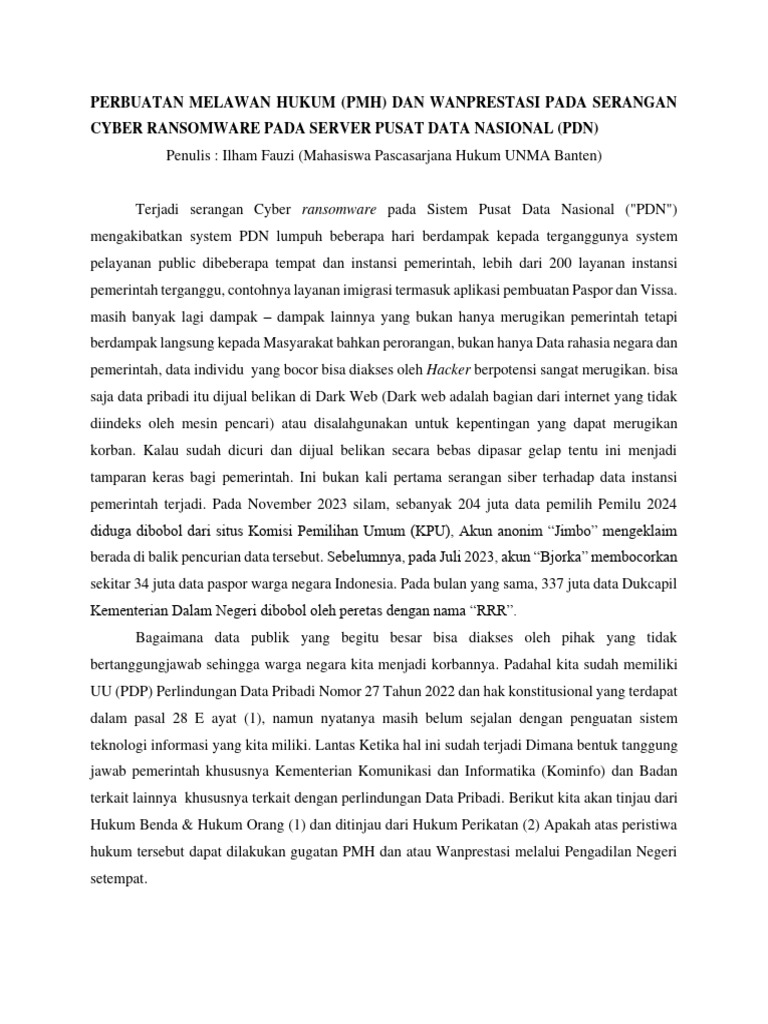 Perbuatan Melawan Hukum (PMH) Dan Wanprestasi Pada Serangan Cyber Ransomware Pada Server Pusat ...