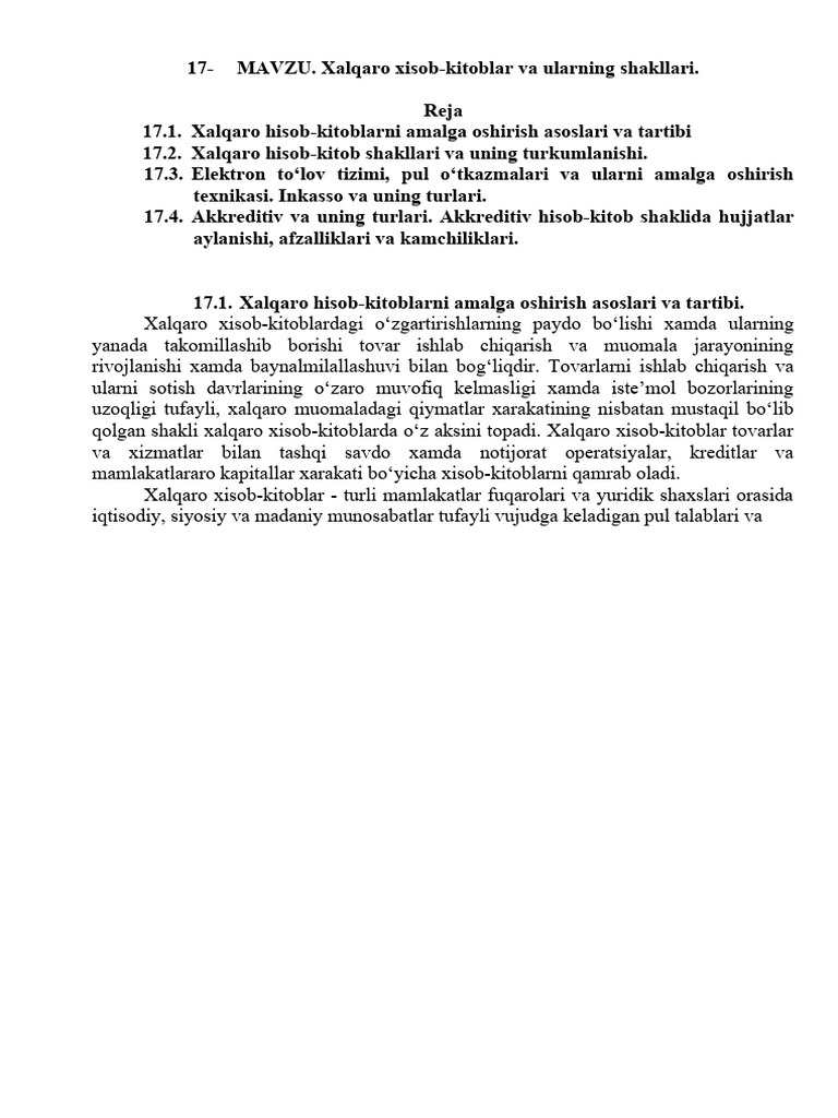 Xalqaro Xisob-Kitoblar Va Ularning Shakllari. | PDF