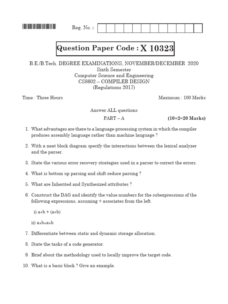 Nd 2020 Cs 8602 Compiler Design Pdf Parsing Theoretical Computer Science 5832