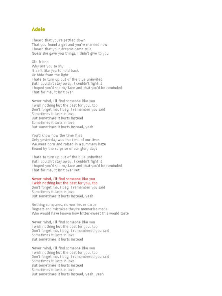 Adele: Never Mind, I'll Find Someone Like You I Wish Nothing But The Best For You, Too | PDF ...