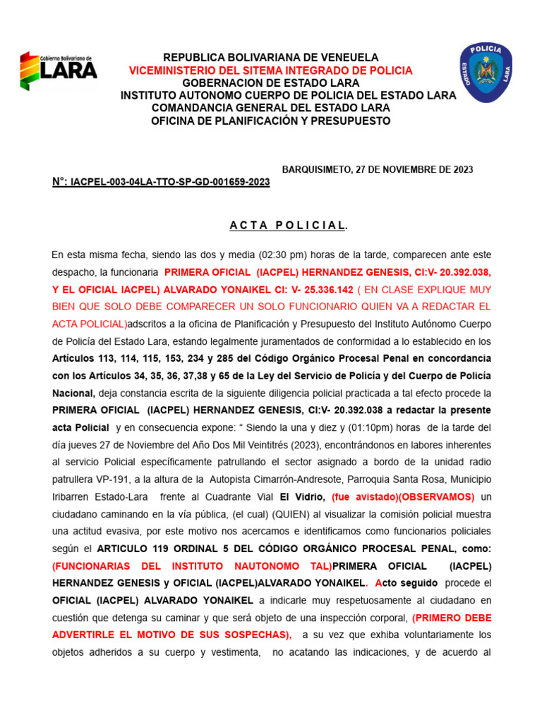 Acta Policial Hernandez Genesis | PDF | Documento de identidad | Policía