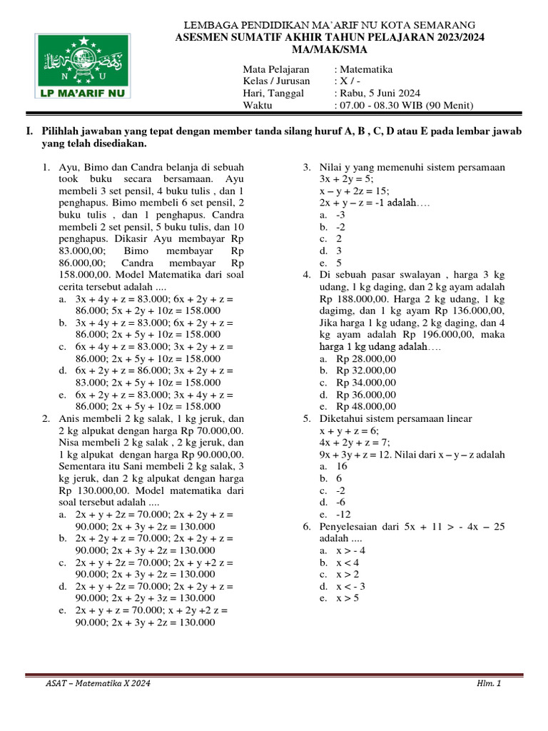 X - Soal - Matematika - ASAT Genap 2023-2024 | PDF
