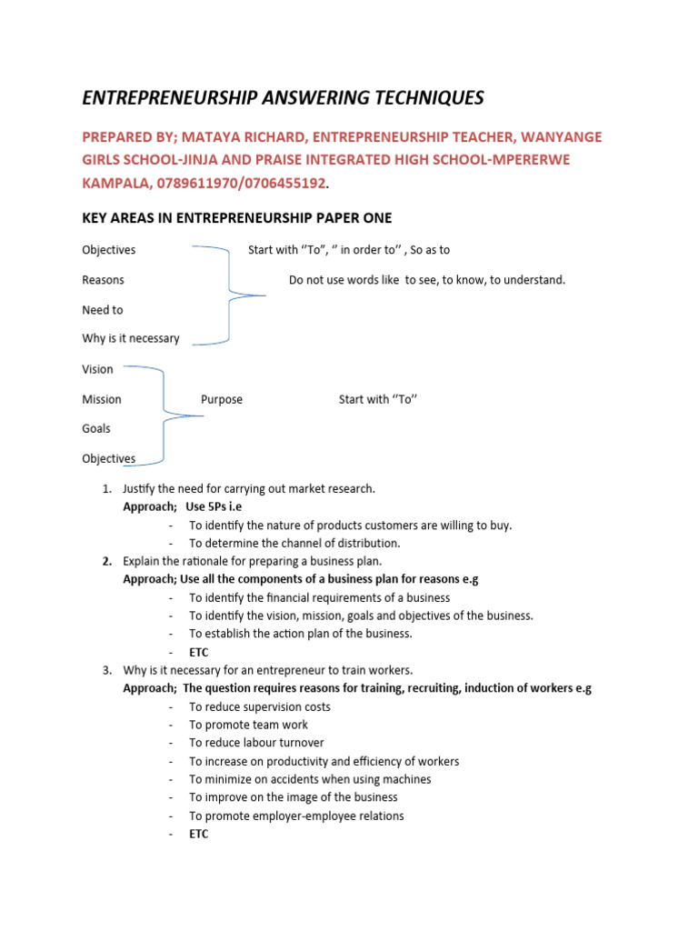 ENTREPRENEURSHIP PAPER 1 Qns Approach | PDF | Entrepreneurship | Employment