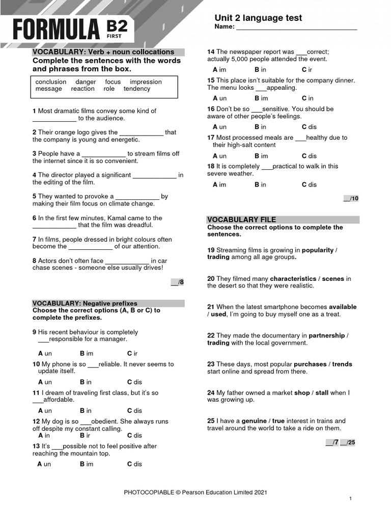 Formula B2 Unit Test All | PDF | Linguistics | Grammar