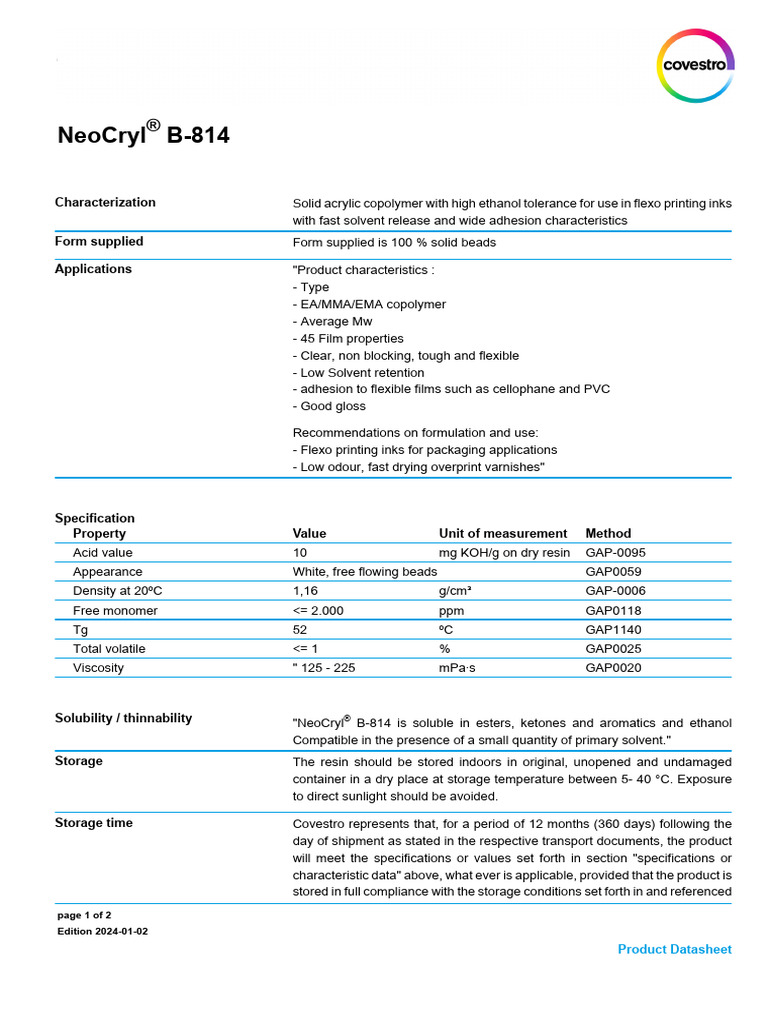 NeoCryl B 814 - en - 50000037 23375399 23489113 | PDF | Copolymer | Materials