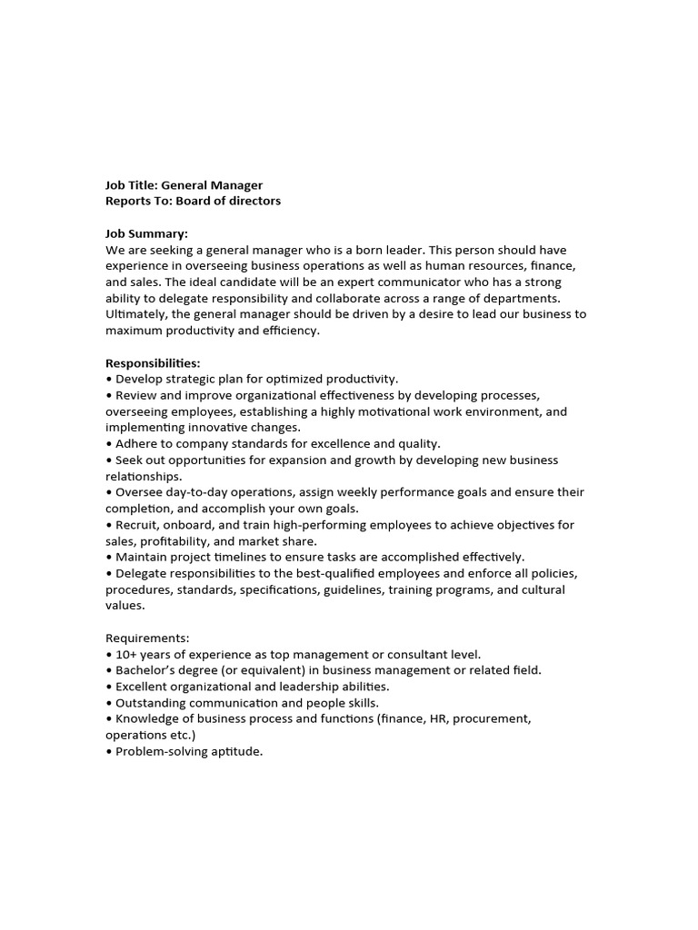 General Manager Job Description | PDF