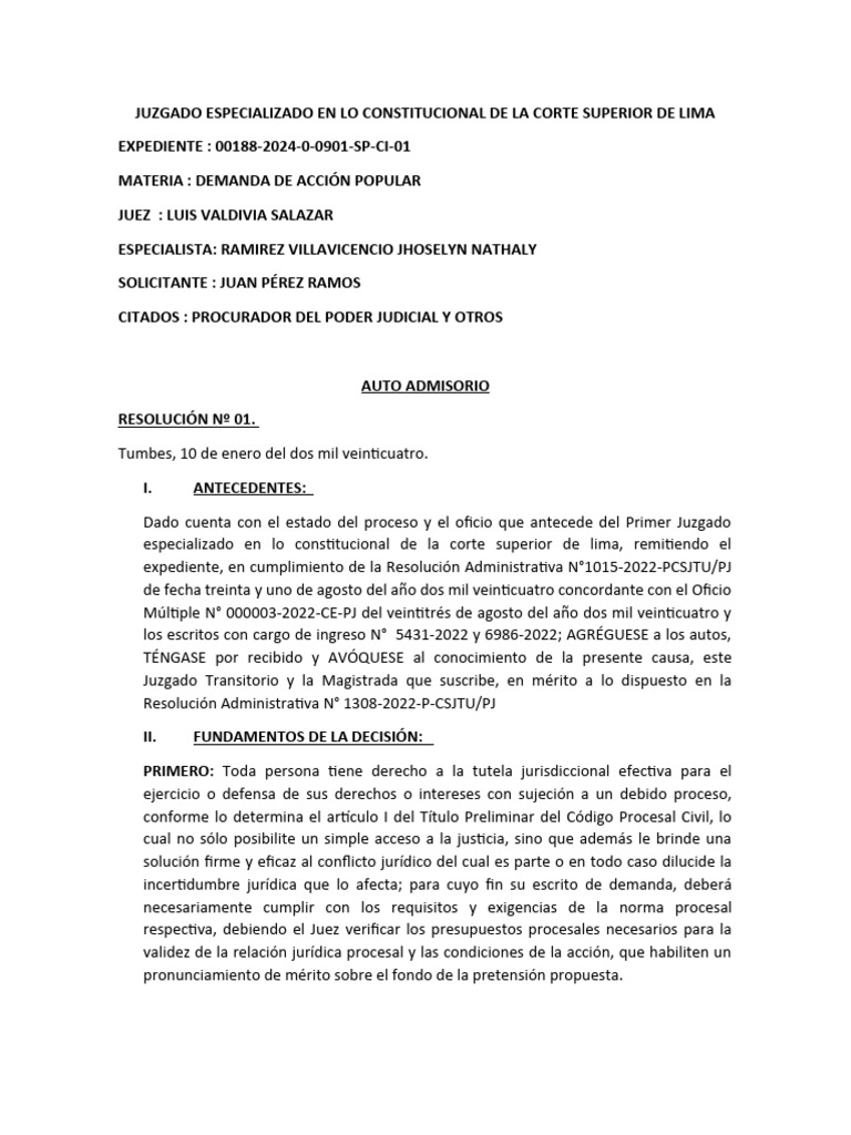 AUTO ADMISORIO DE LA DEMANDA Final | PDF | Ley procesal | Demanda judicial