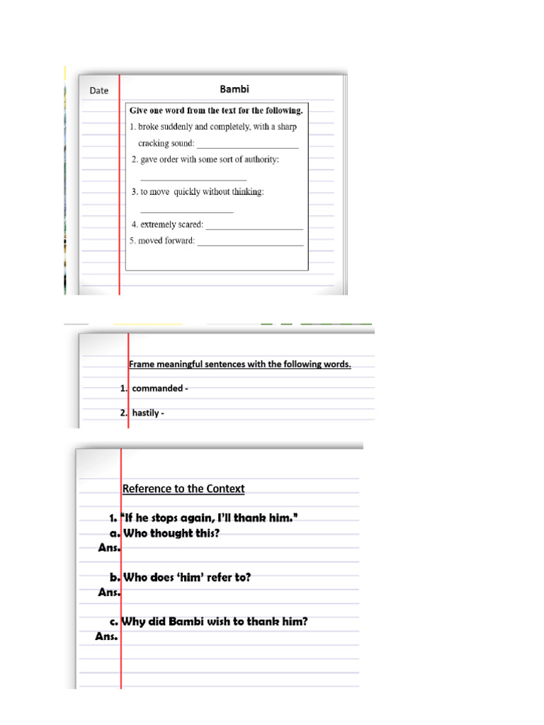 Bambi - Notebook Work 1 - Vocabulary - Reference To Context - June 20 ...