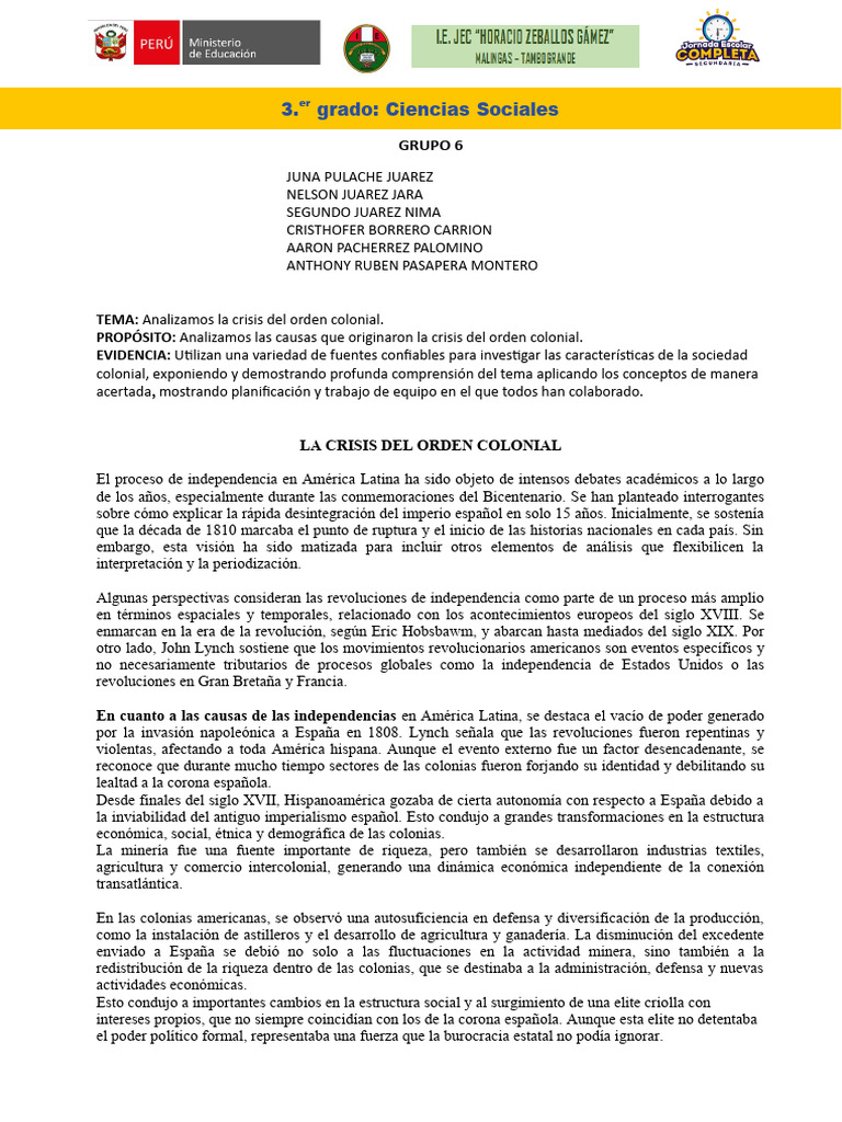 TEMA Analizamos La Crisis Del Orden Colonial. GRUPO 6 | PDF | España ...