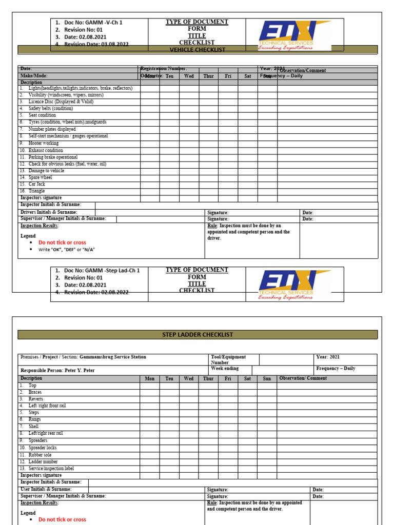 Daily Inspection Checklist Bongi | PDF | Screw | Truck