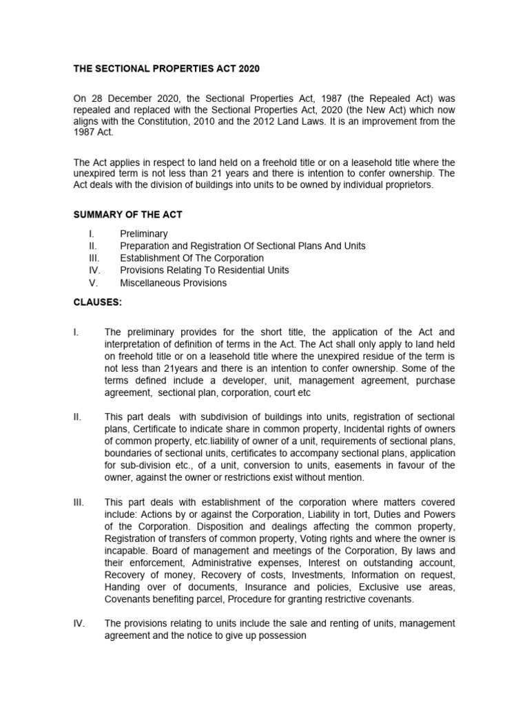 Sectional Properties Act 2020 Overview | PDF | Lease | Apartment