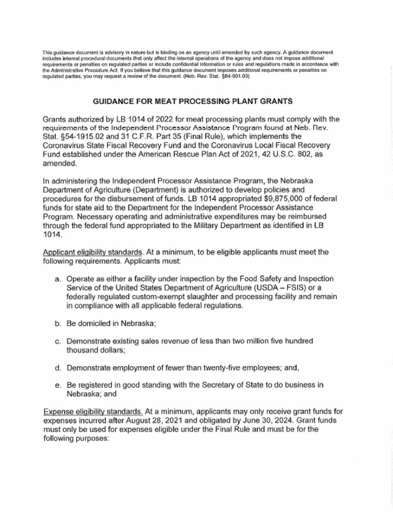Guidance For Meat Processing Plant Grants | PDF