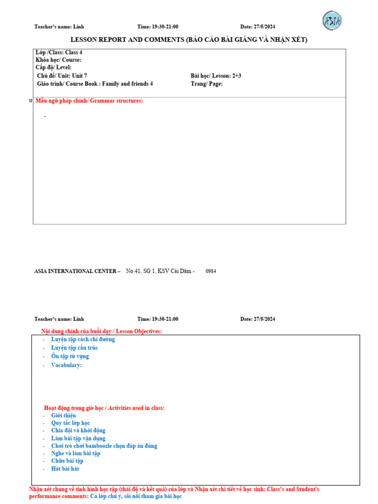 NhậnXét.Class4 27.05.24 | PDF
