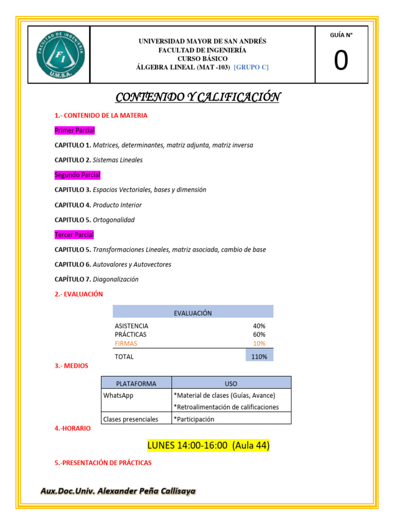 GUIA N°O Contenido y Calificación | PDF | Álgebra lineal | Mapa lineal